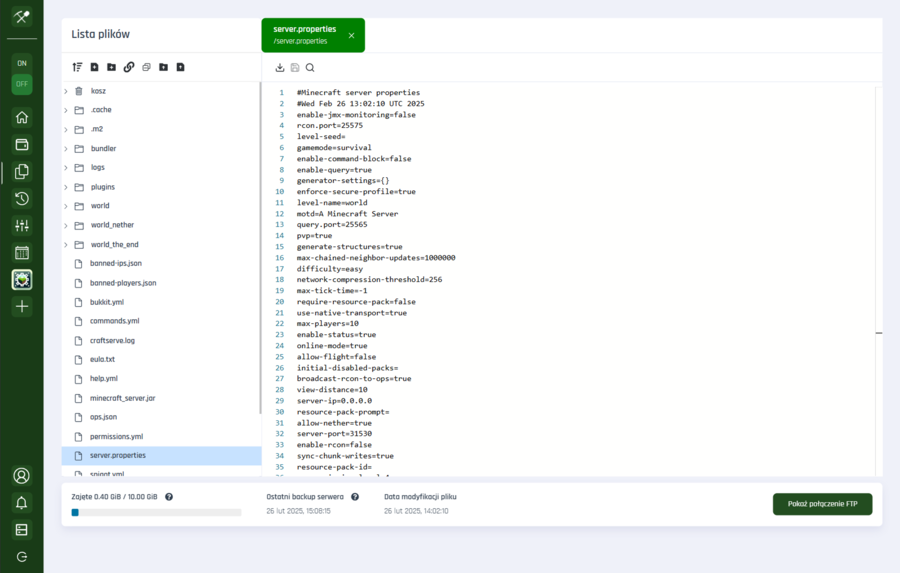 WebFTP – przeglądarka plików serwera Minecraft z widokiem katalogów i edytorem tekstu